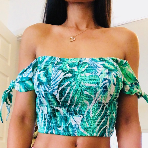 Tops | Off The Shoulder Crop Top Green Leaves Brand New | Poshmark